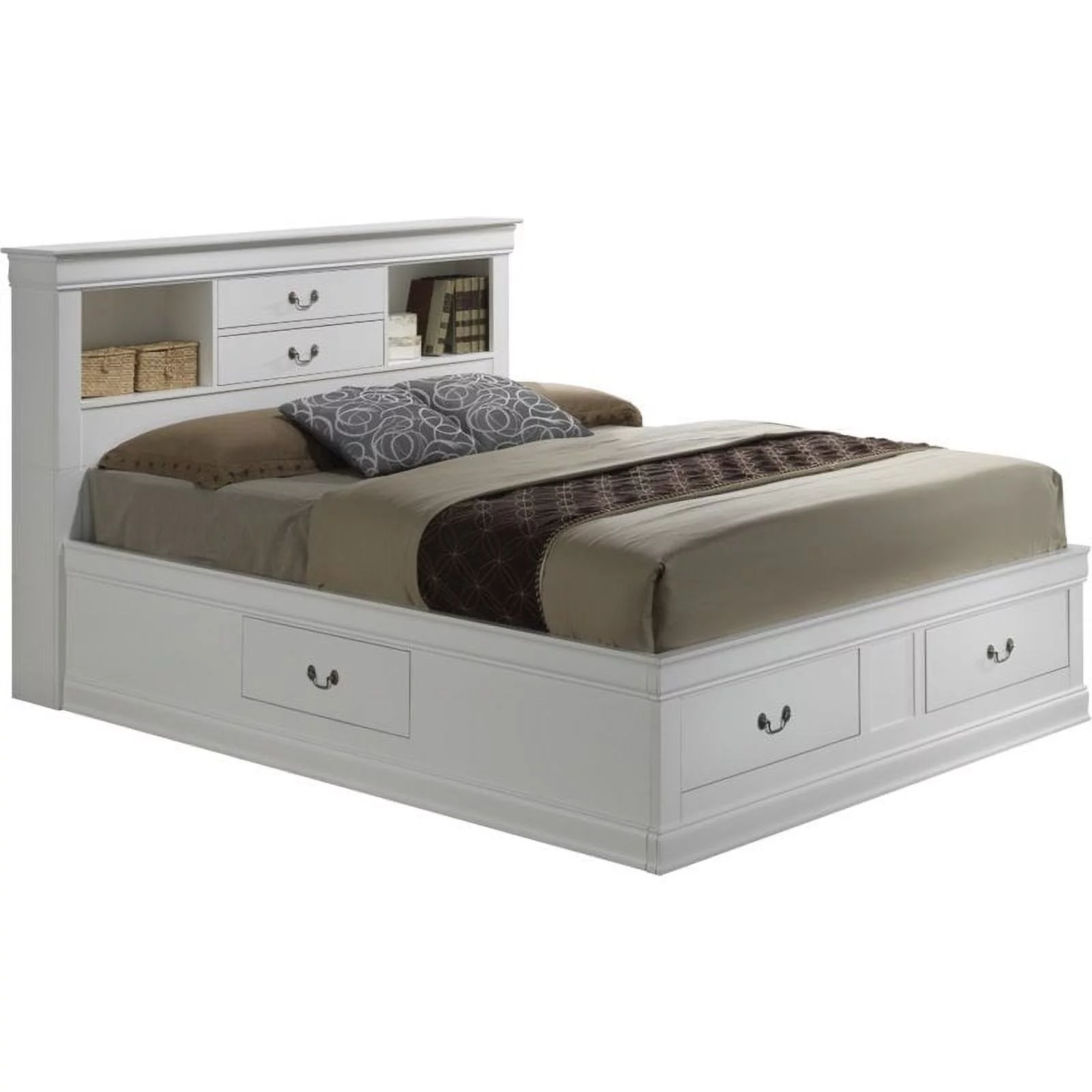 Maklaine Traditional Wood Queen Bookcase Storage Platform Bed in White ...