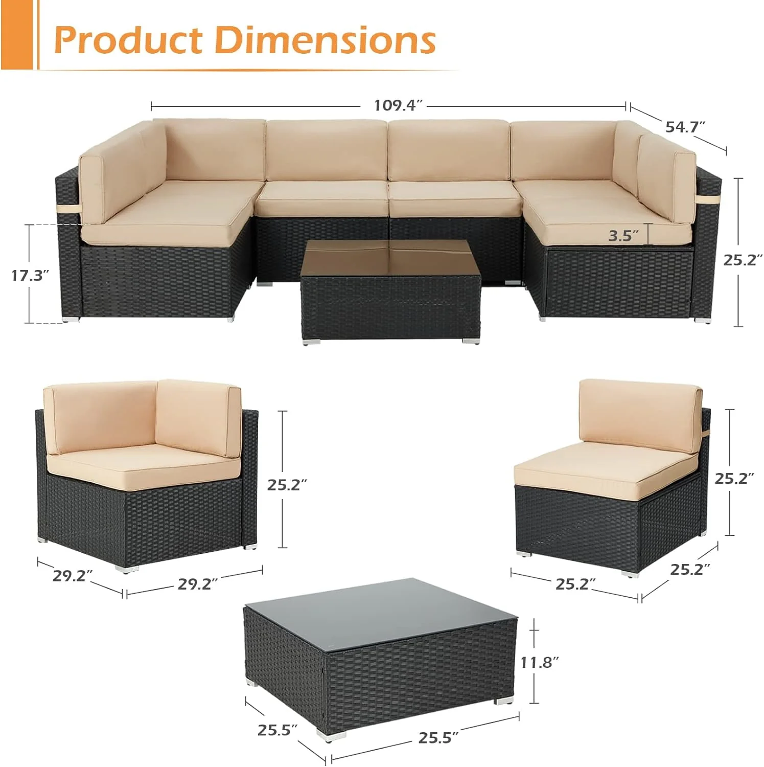 Danrelax 7-Piece Outdoor Sectional Sofa Patio Conversation Set, PE ...