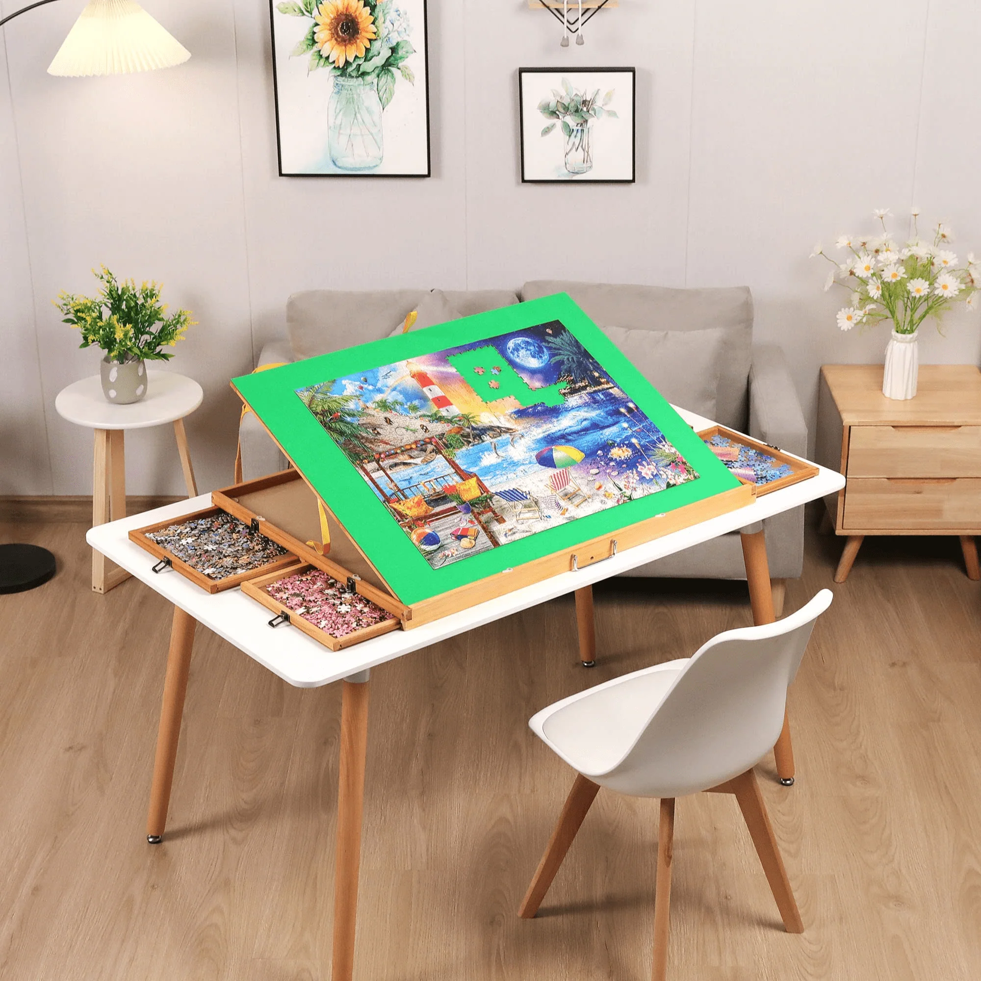 Jigsaw Puzzle Table with 4 Drawers, 1500pcs Portable Puzzle Board with ...