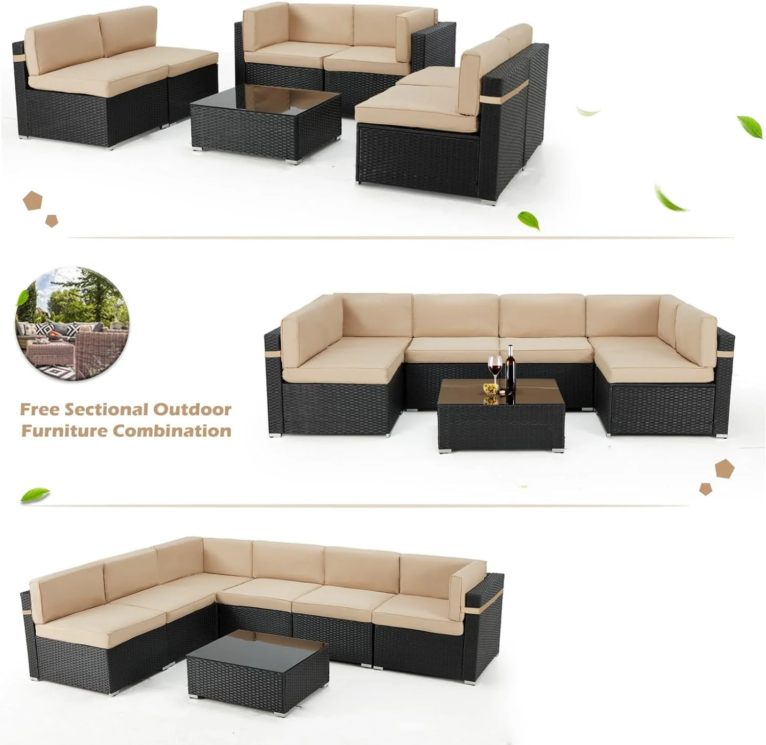 Danrelax 7-Piece Outdoor Sectional Sofa Patio Conversation Set, PE ...
