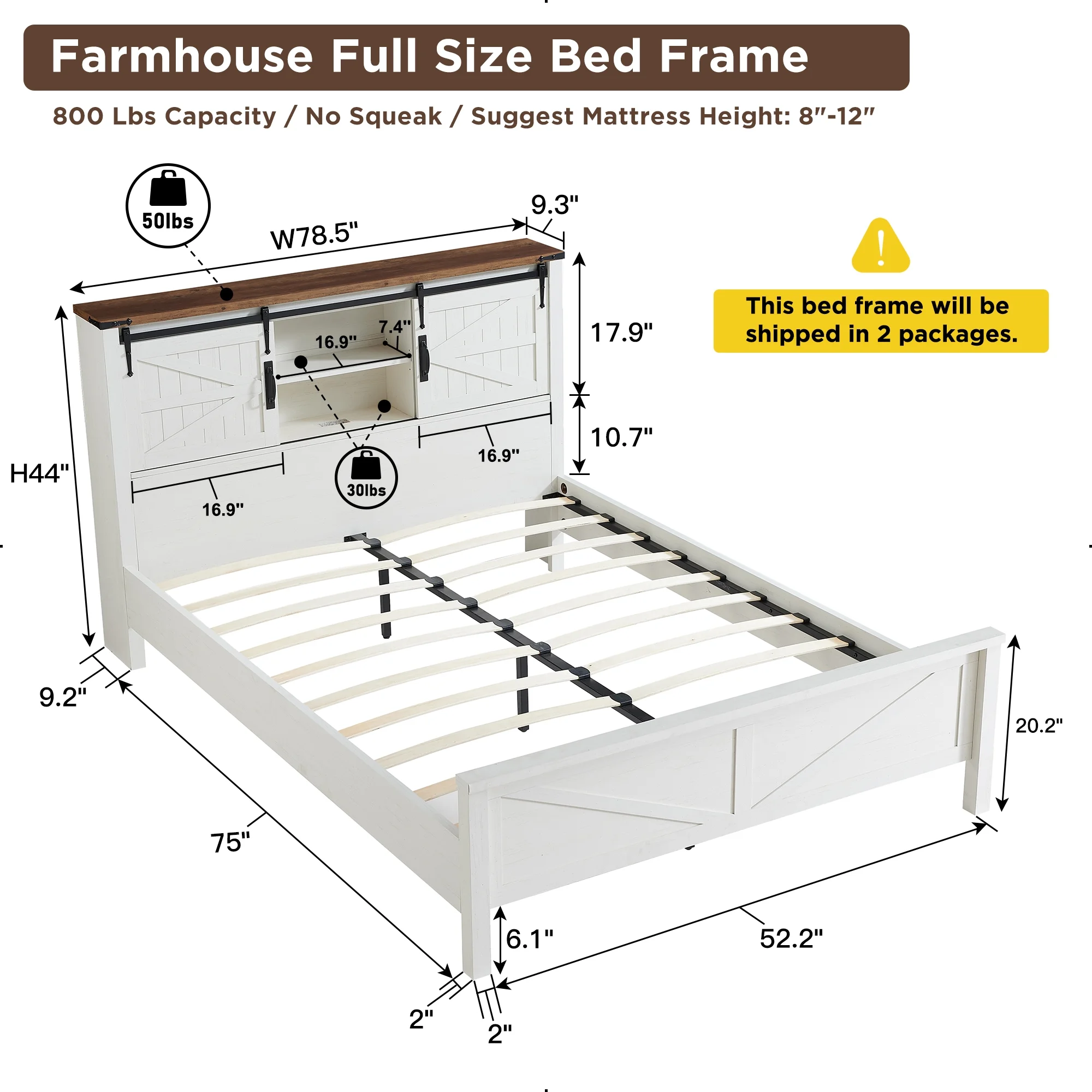 OKD Modern Farmhouse Full Platform Bed with Bookcase Headboard Storage ...