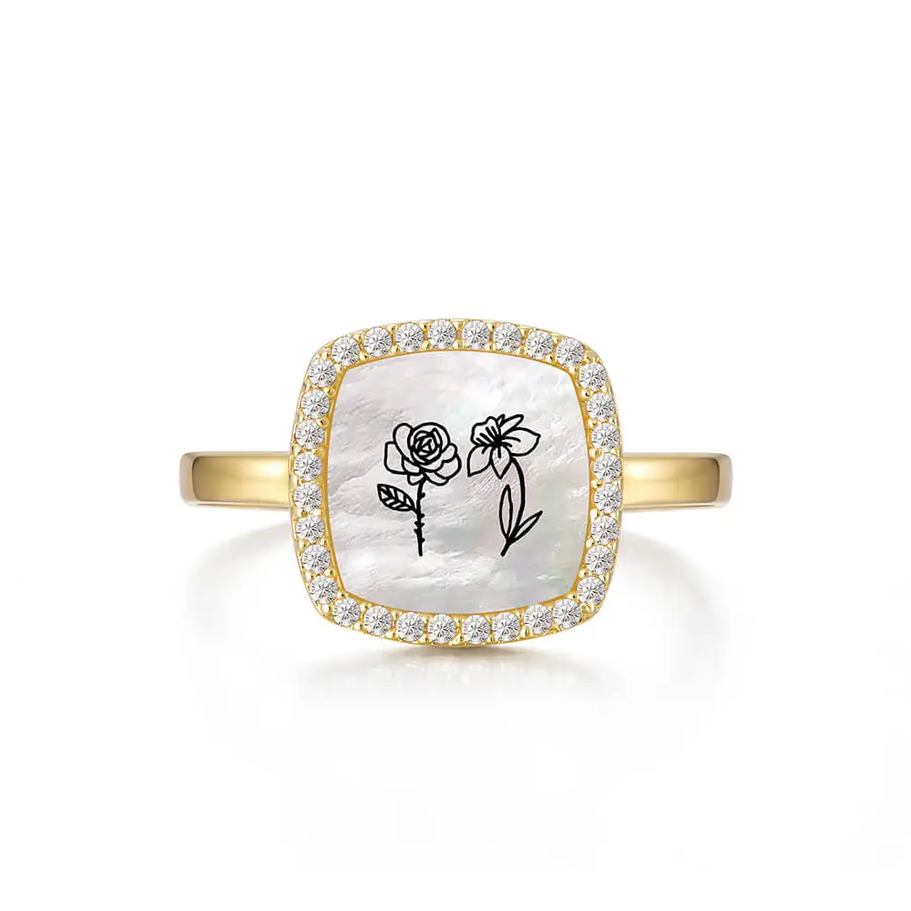 White Shell Personalized Birth Flower Rings